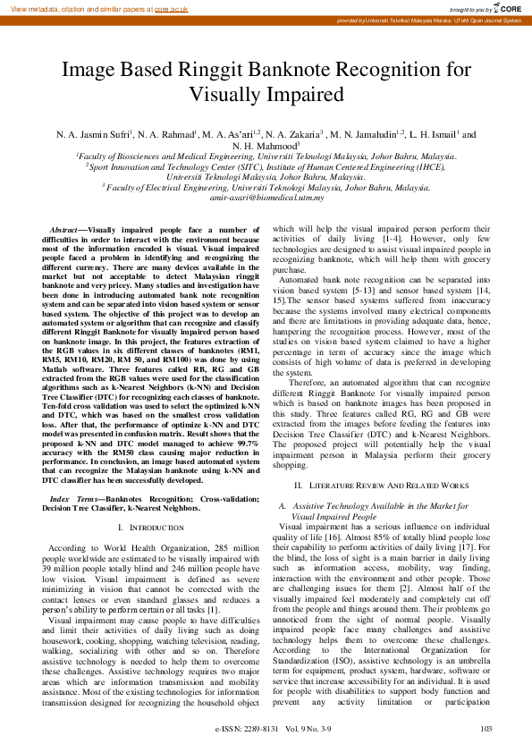 (PDF) Image Based Ringgit Banknote Recognition for Visually Impaired