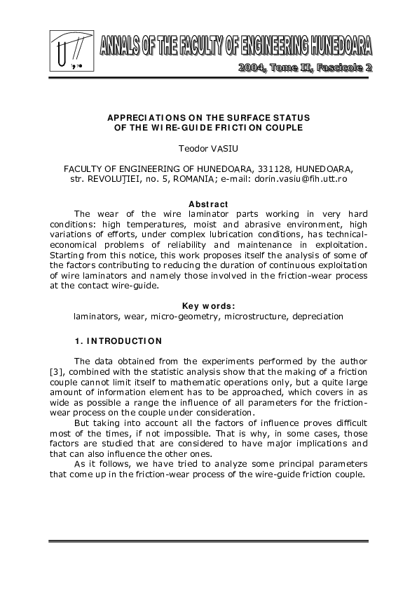 (PDF) Appreciations on the Surface Status of the Wire-Guide Friction ...
