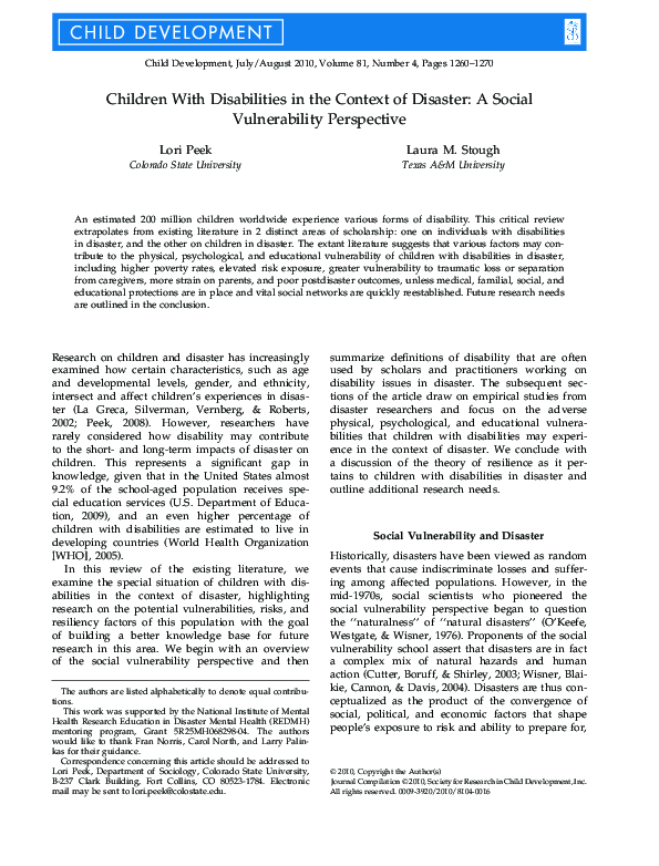 (PDF) Children With Disabilities in the Context of Disaster: A Social ...