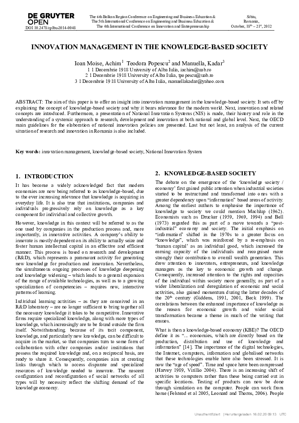 (PDF) Innovation Management In The Knowledge-Based Society