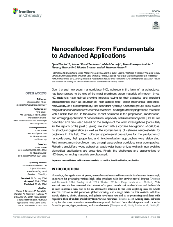 (PDF) Nanocellulose: from fundamentals to advanced applications