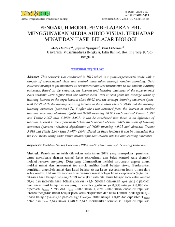(PDF) Pengaruh Model Pembelajaran PBL Menggunakan Media Audio Visual ... (PDF) Pengaruh Model Pembelajaran PBL Menggunakan Media Audio Visual ...
