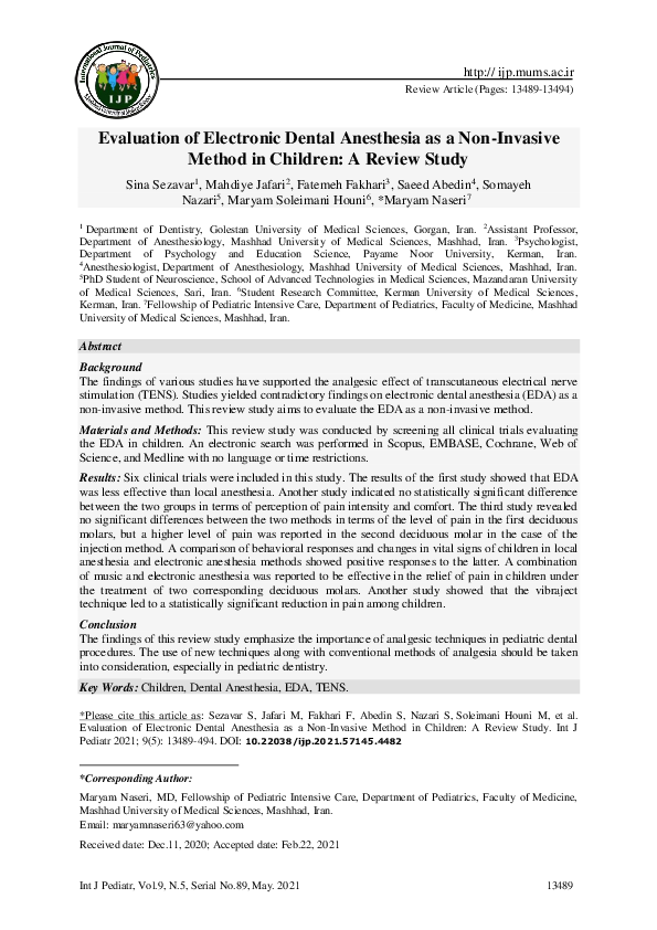 (PDF) Evaluation of Electronic Dental Anesthesia as a Non-Invasive ...