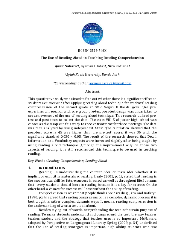 (PDF) The Use of Reading Aloud in Teaching Reading Comprehension