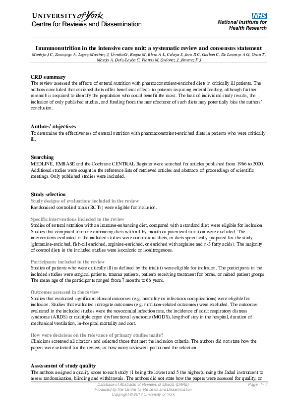 (PDF) Immunonutrition in the intensive care unit. A systematic review and consensus statement
