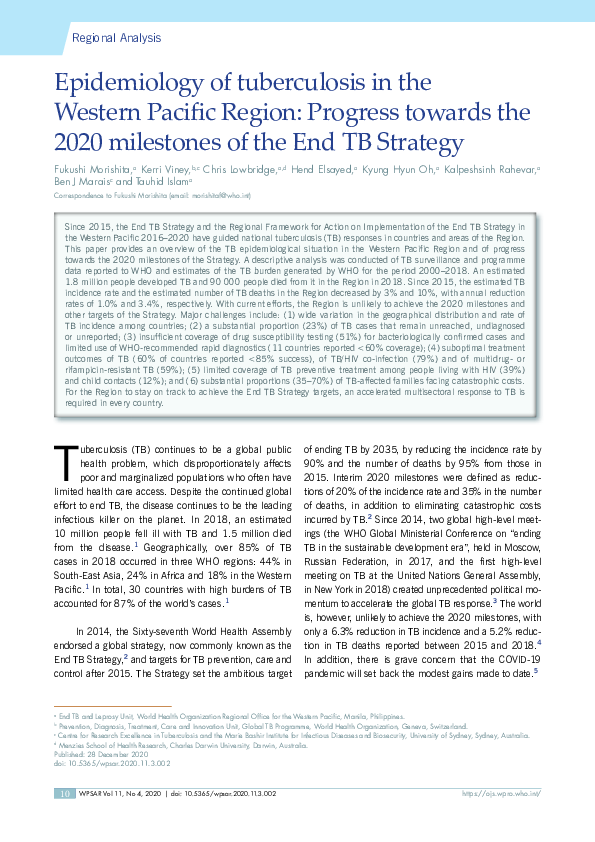 (PDF) Epidemiology of tuberculosis in the Western Pacific Region: Progress towards the 2020 ...
