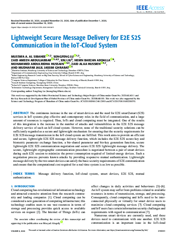(PDF) Lightweight Secure Message Delivery for E2E S2S Communication in the IoT-Cloud System