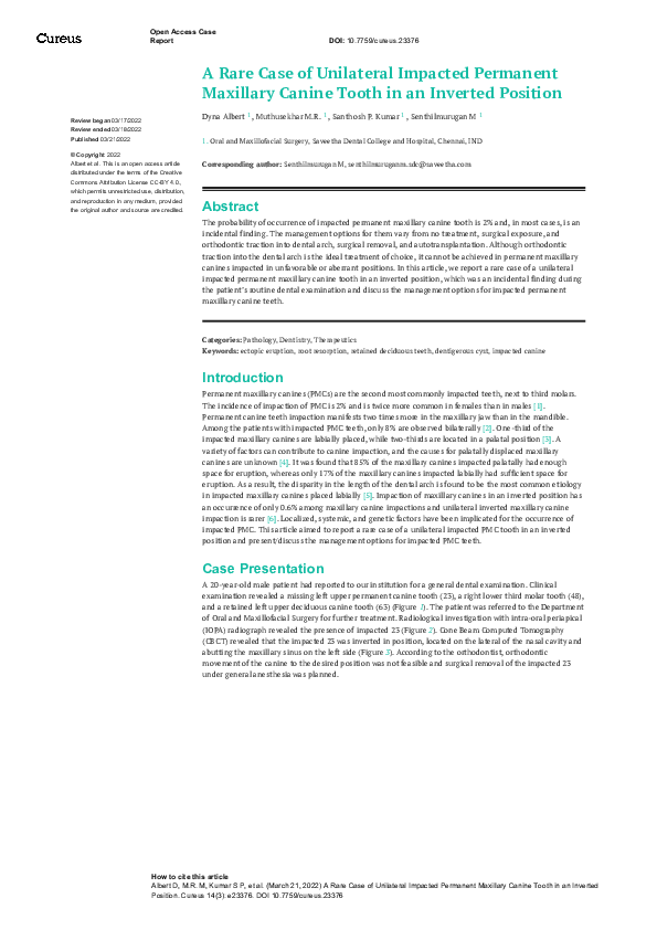 (PDF) A Rare Case of Unilateral Impacted Permanent Maxillary Canine ...