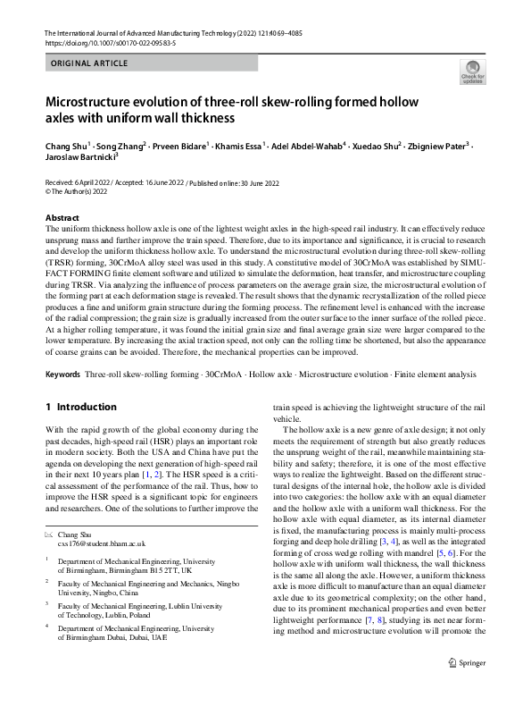 (PDF) Microstructure evolution of three-roll skew-rolling formed hollow axles with uniform wall ...