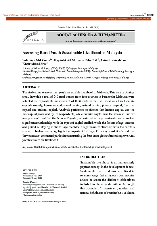 (PDF) Assessing rural youth sustainable livelihood in Malaysia