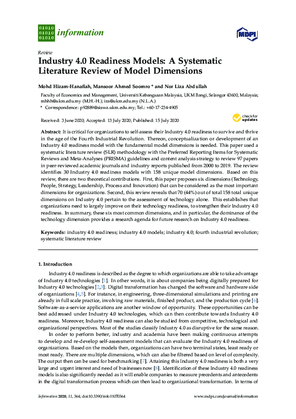 (PDF) Industry 4.0 Readiness Models: A Systematic Literature Review of Model Dimensions