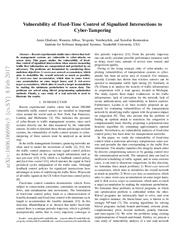 (PDF) Vulnerability of fixed-time control of signalized intersections to cyber-tampering ...