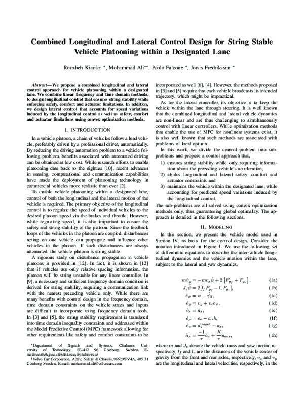 (PDF) Combined longitudinal and lateral control design for string stable vehicle platooning ...
