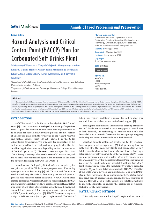 (PDF) Hazard Analysis and Critical Control Point (HACCP) Plan for Carbonated Soft Drinks Plant