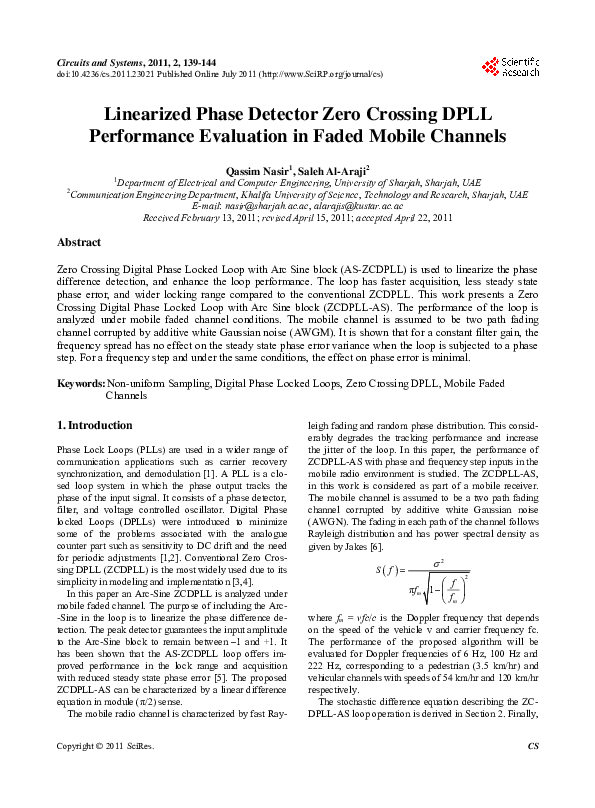 (PDF) Linearized Phase Detector Zero Crossing DPLL Performance Evaluation in Faded Mobile Channels