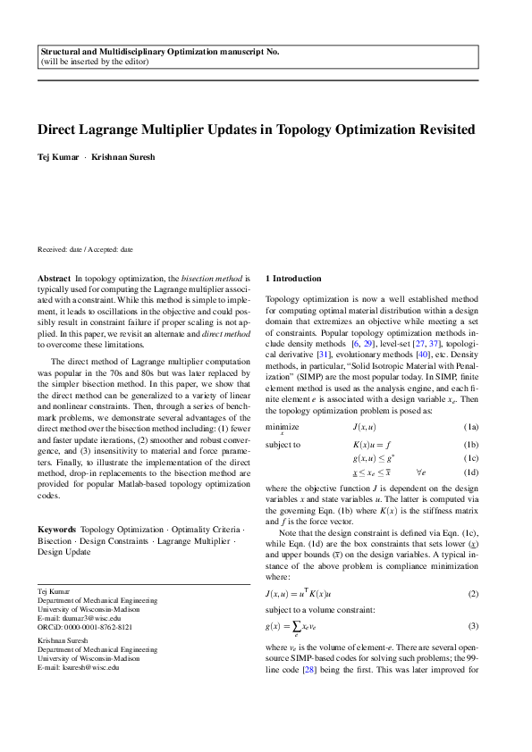 Pdf Direct Lagrange Multiplier Updates In Topology Optimization Revisited
