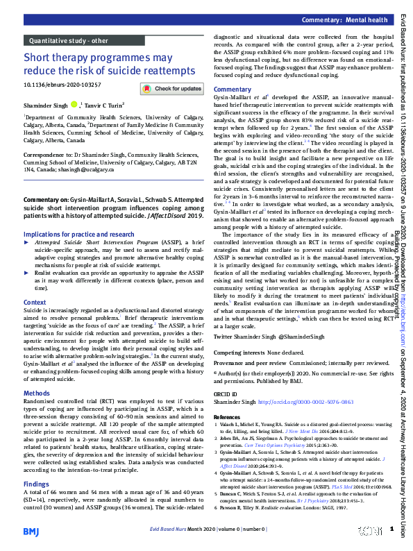 (PDF) Short therapy programmes may reduce the risk of suicide reattempts