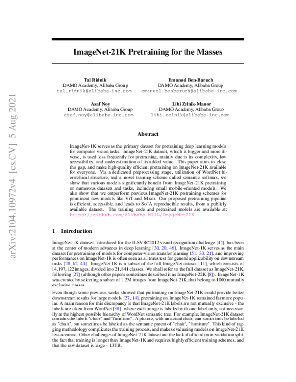 (PDF) ImageNet-21K Pretraining for the Masses | Emanuel Ben Baruch ...