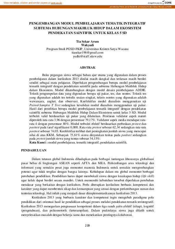 (PDF) Pengembangan Modul Pembelajaran Tematik Integratif Subtema Hubungan Makhluk Hidup Dalam ...