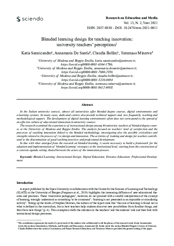 (PDF) Blended learning design for teaching innovation: university ...