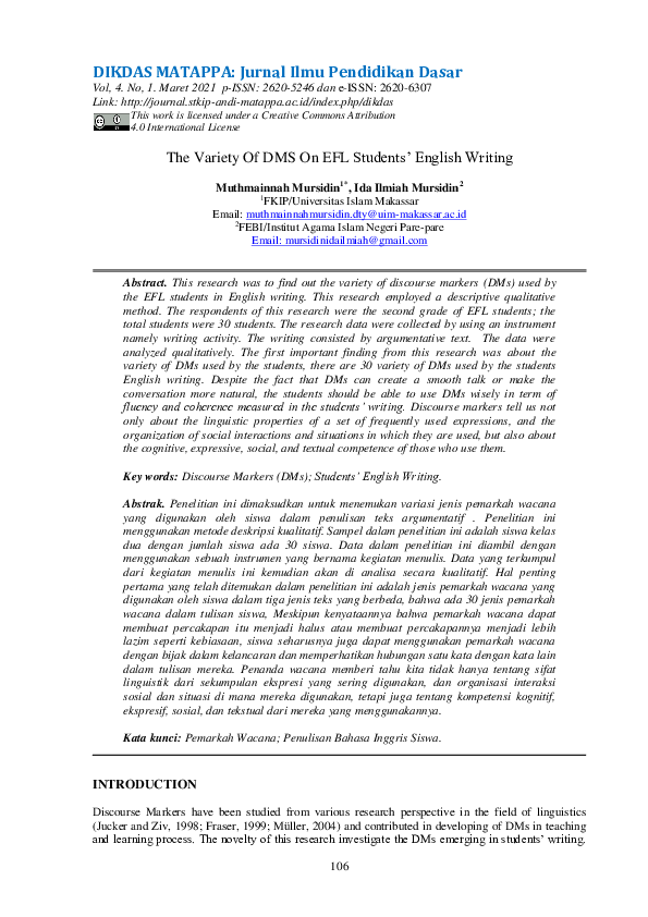 (PDF) The Variety Of DMS On EFL Students’ English Writing