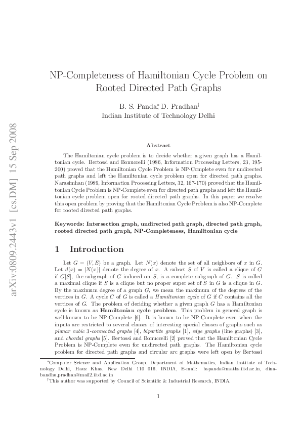 (PDF) NP-Completeness of Hamiltonian Cycle Problem on Rooted Directed Path Graphs | Bhawani ...