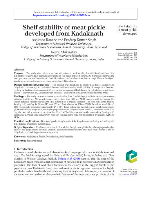 (PDF) Shelf stability of meat pickle developed from Kadaknath