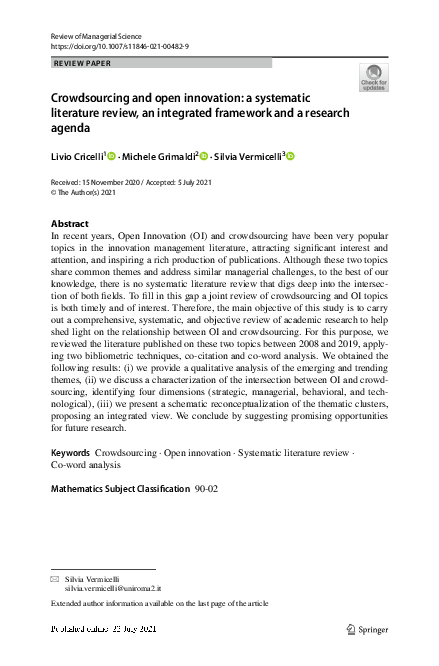 (PDF) Crowdsourcing and open innovation: a systematic literature review, an integrated framework ...
