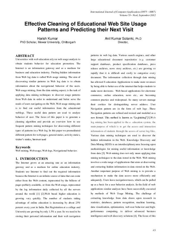(PDF) Effective Cleaning of Educational Website Usage Patterns and Predicting their Next Visit