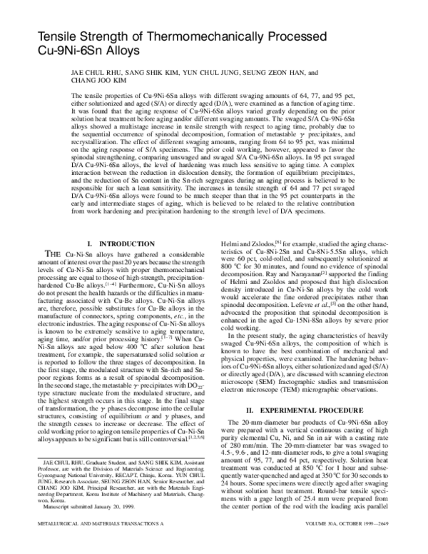 (PDF) Tensile strength of thermomechanically processed Cu-9Ni-6Sn alloys