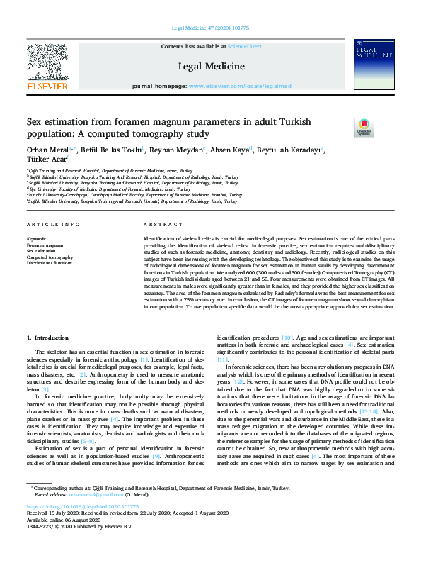 Pdf Sex Estimation From Foramen Magnum Parameters In Adult Turkish