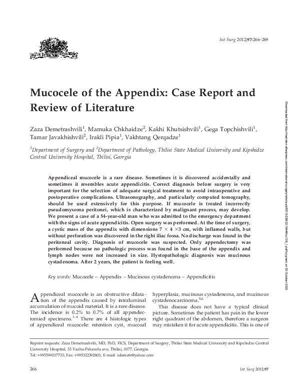 (PDF) Mucocele of the Appendix: Case Report and Review of Literature