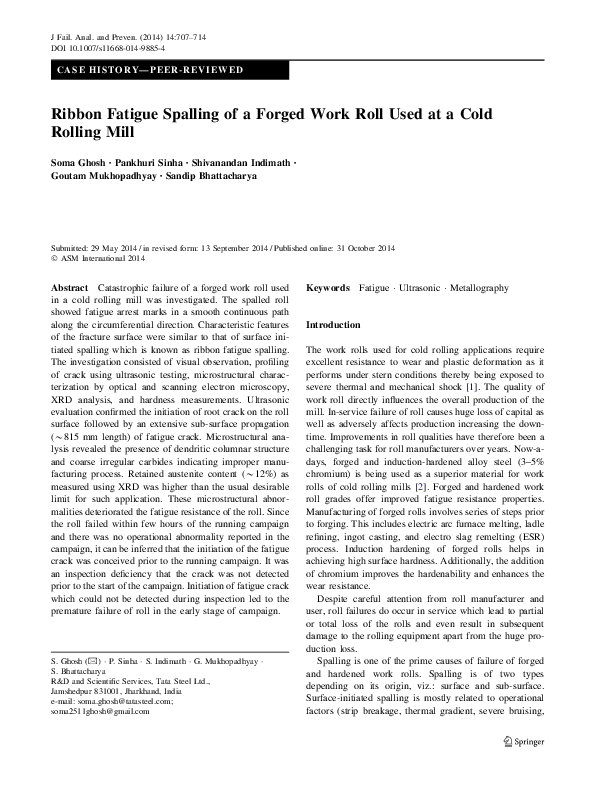 (PDF) Ribbon Fatigue Spalling of a Forged Work Roll Used at a Cold ...