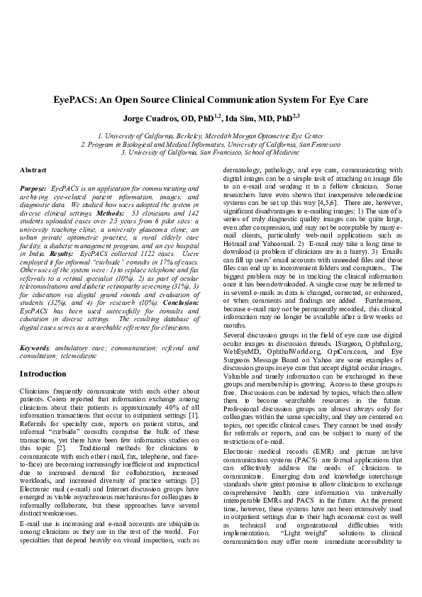 (PDF) EyePACS: An Open Source Clinical Communication System For Eye Care