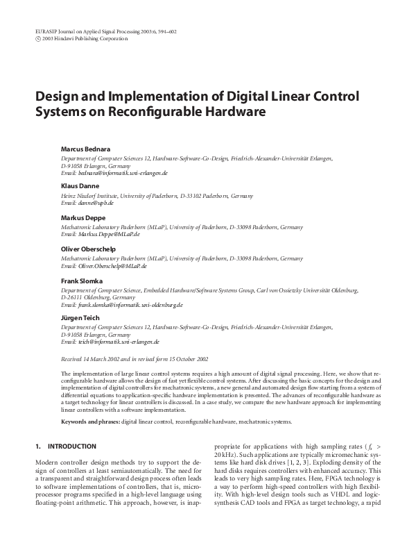 (PDF) Reconfigurable Hardware for Linear Control Systems