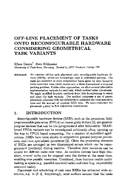 Pdf Off Line Placement Of Tasks Onto Reconfigurable Hardware Considering Geometrical Task Variants