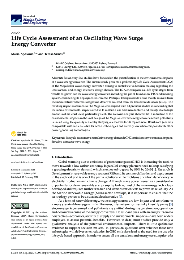 Pdf Life Cycle Assessment Of An Oscillating Wave Surge Energy Converter