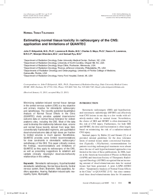 (PDF) Estimating normal tissue toxicity in radiosurgery of the CNS ...