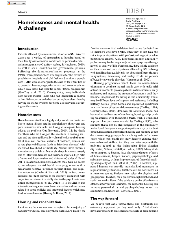 (PDF) Homelessness and mental health: A challenge