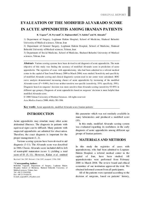 (PDF) Evaluation of the Modified Alvarado Score