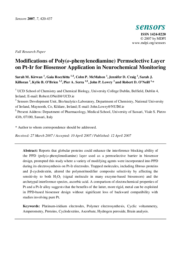 (PDF) Modifications of Poly(o-phenylenediamine) Permselective Layer on ...