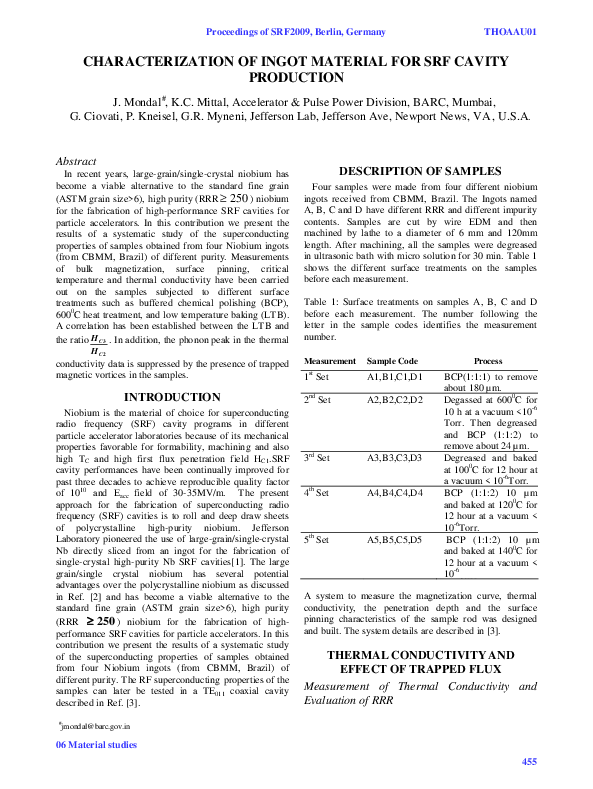 (PDF) Characterization of Ingot Material for SRF Cavity Production