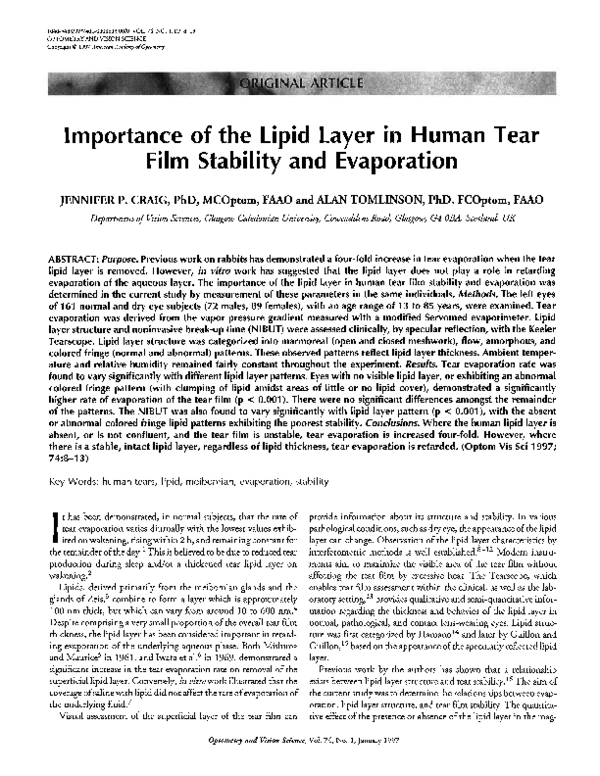 (PDF) Importance of the Lipid Layer in Human Tear Film Stability and ...