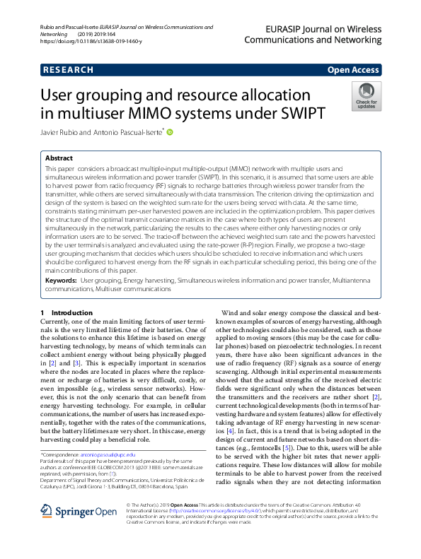 (PDF) User grouping and resource allocation in multiuser MIMO systems under SWIPT