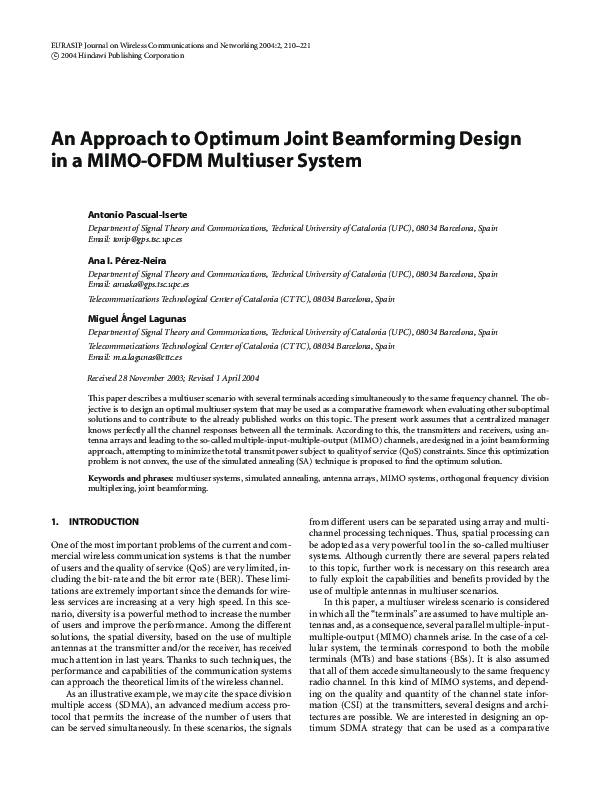 (PDF) An Approach to Optimum Joint Beamforming Design in a MIMO-OFDM Multiuser System