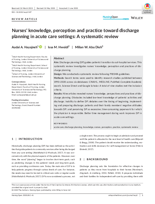 (PDF) Nurses' knowledge, perception and practice toward discharge planning in acute care ...