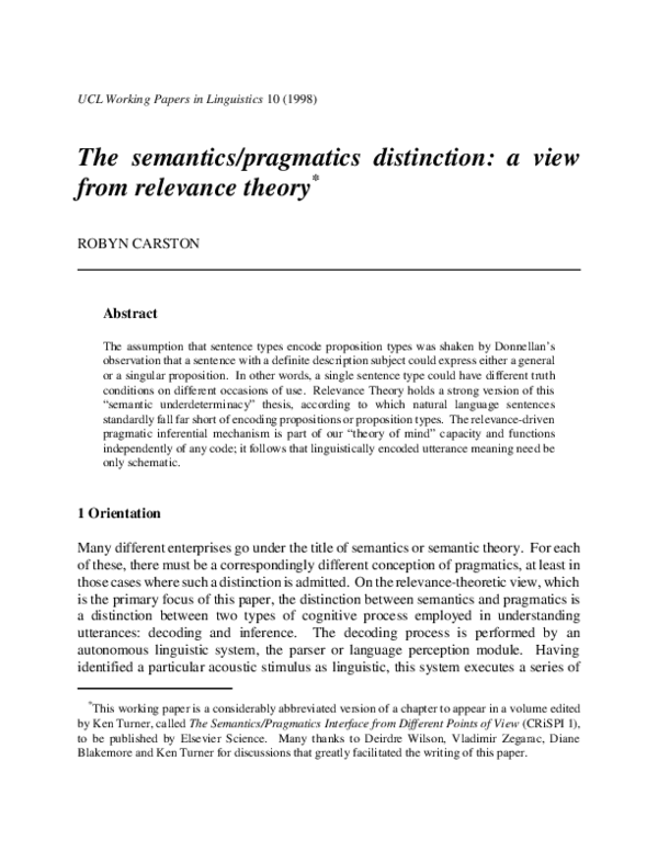 (PDF) The semantics/pragmatics distinction: A view from relevance theory