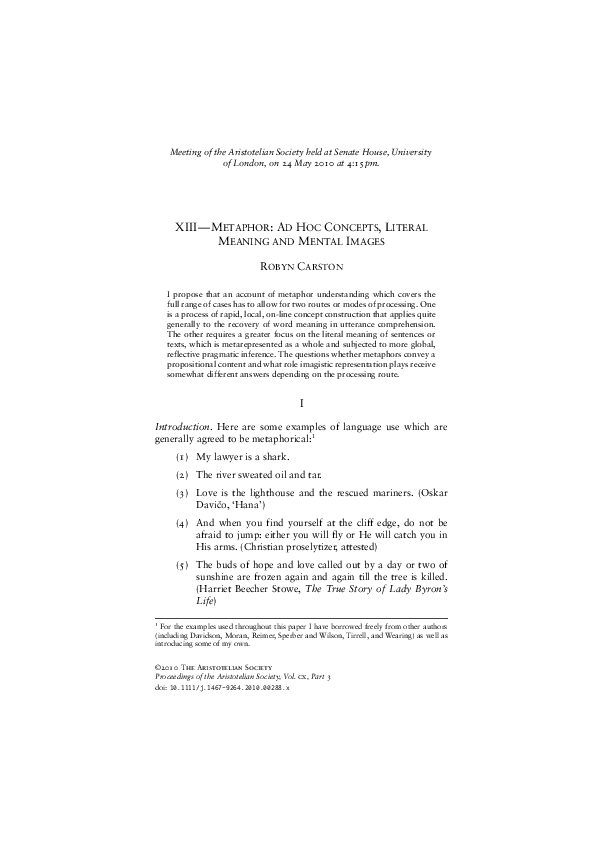 (PDF) XIII-Metaphor: Ad Hoc Concepts, Literal Meaning and Mental Images