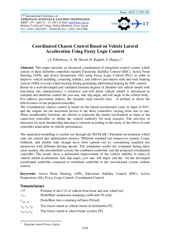 Pdf Coordinated Chassis Control Based On Vehicle Lateral Acceleration Using Fuzzy Logic Control