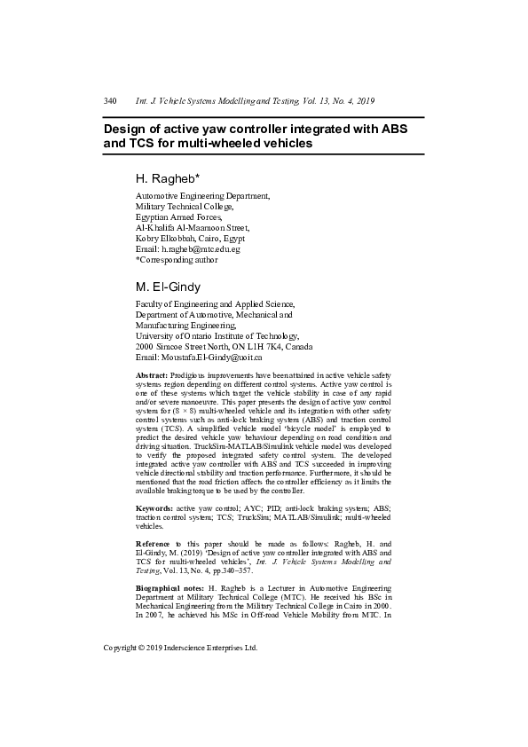 (PDF) Design of active yaw controller integrated with ABS and TCS for ...